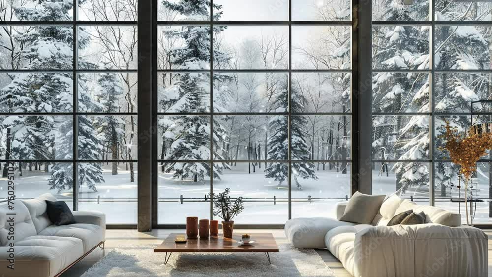 winter season background, modern lofty interior with large windows with ...
