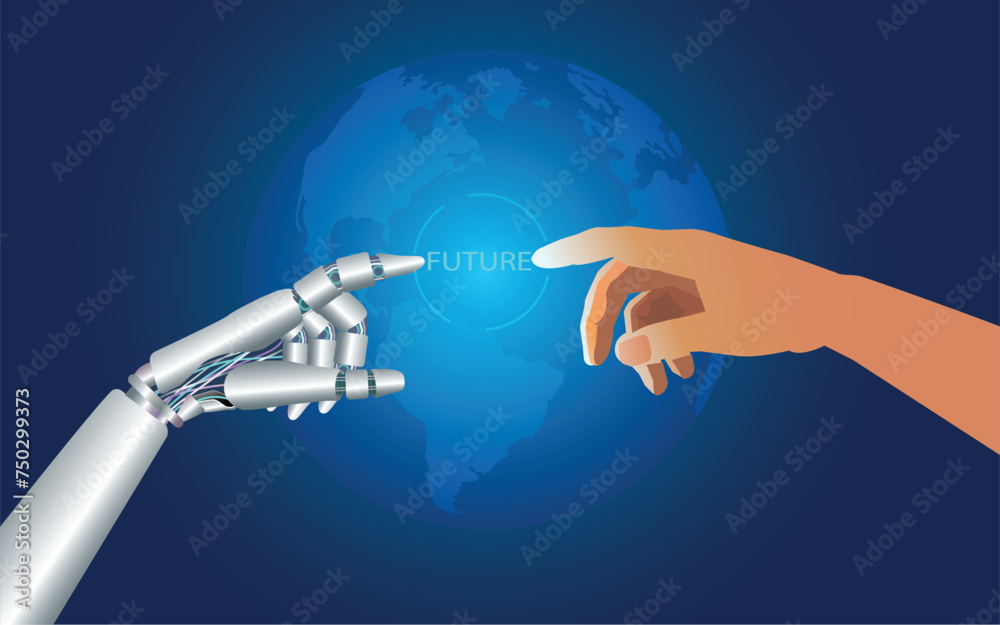 Robotic hand touching a human hand. concept of technology and ...