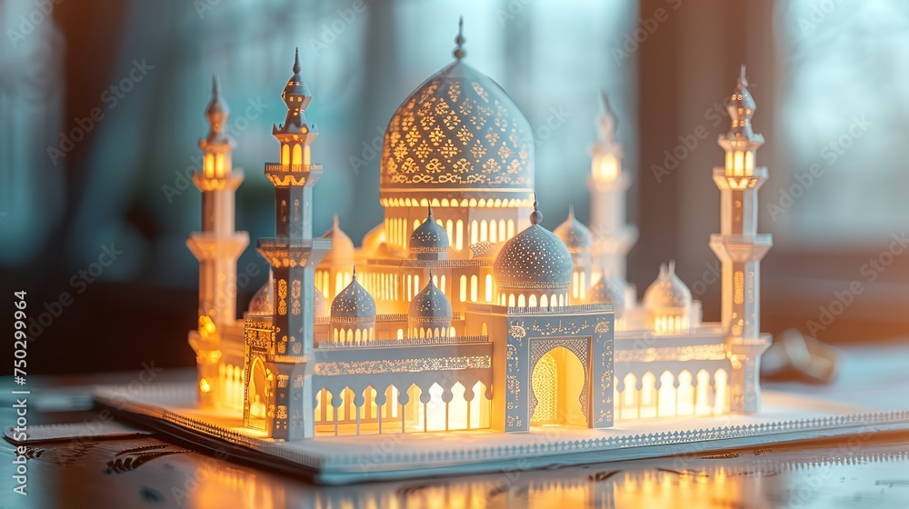 A white small mosque model in desk with a blurry backdrop and lighting ...