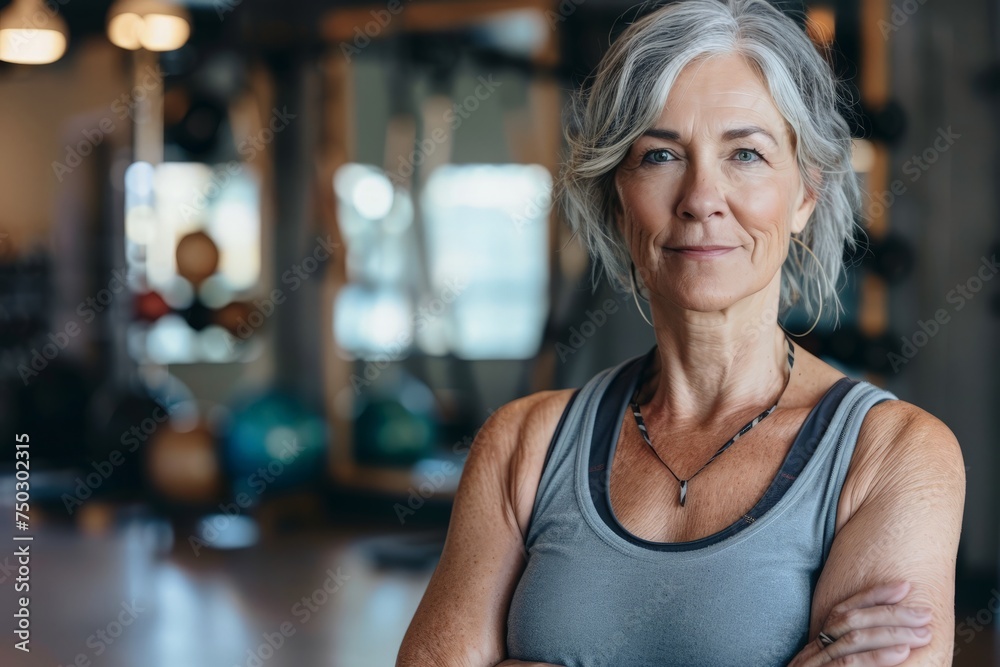 An older woman is seen standing with her arms crossed in a gym setting ...
