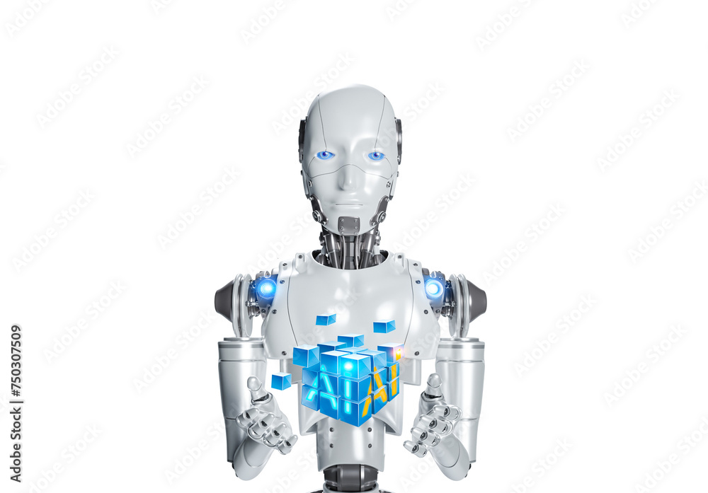 Humanoid robot holding many little cube blocks that are merging into ...