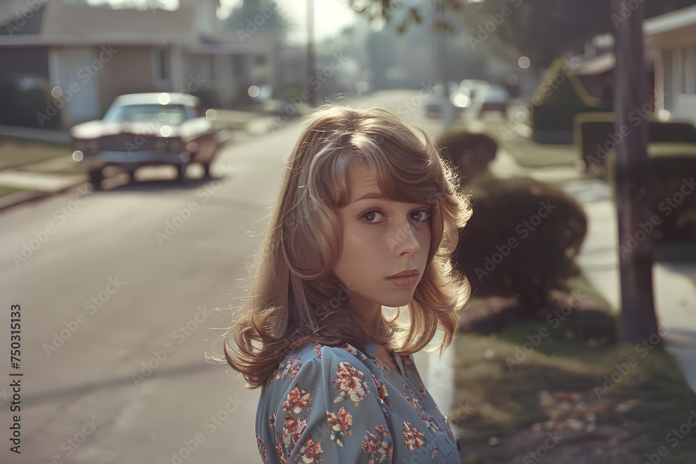 an American girl in Los Angeles in the 1970s dressed in a retro style ...