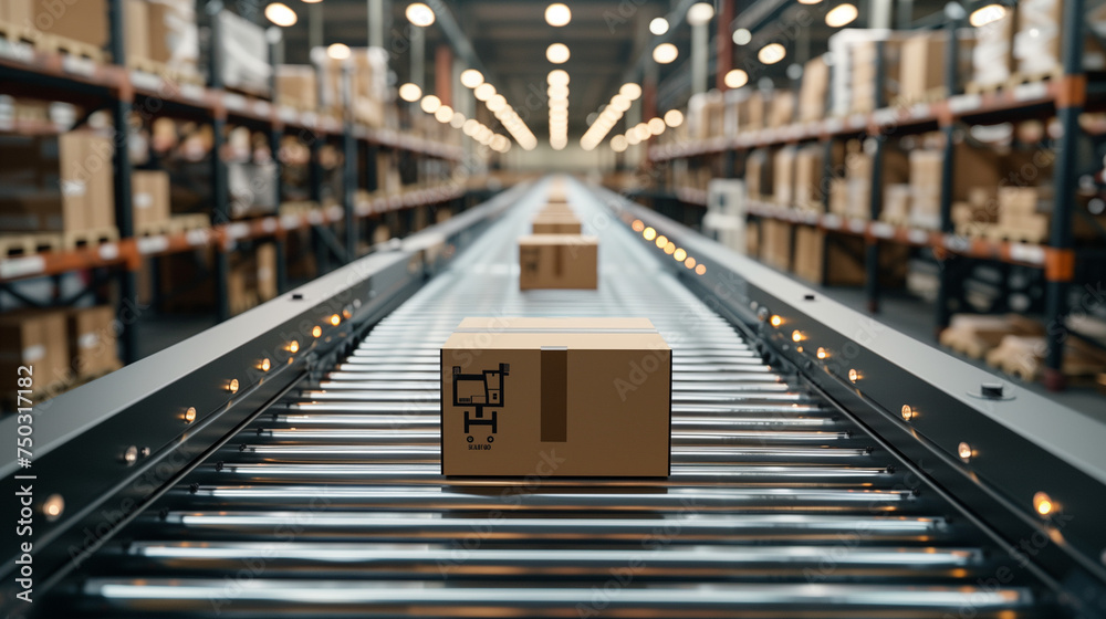 warehouse management system package picking and delivery. conveyor belt ...