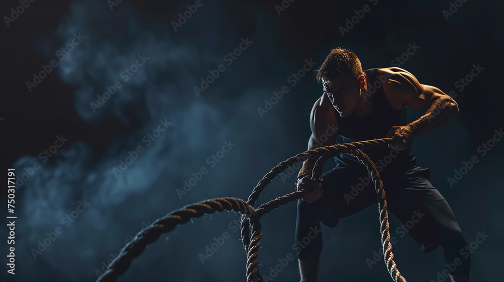 Silhouetted muscular man pulling heavy ropes in a dark gym with ...