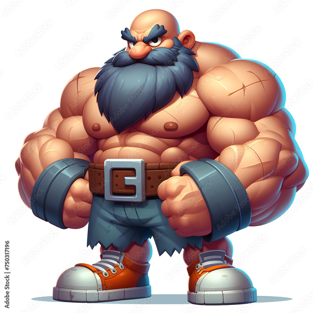 game character, short but strong and muscular with a bald head and a ...