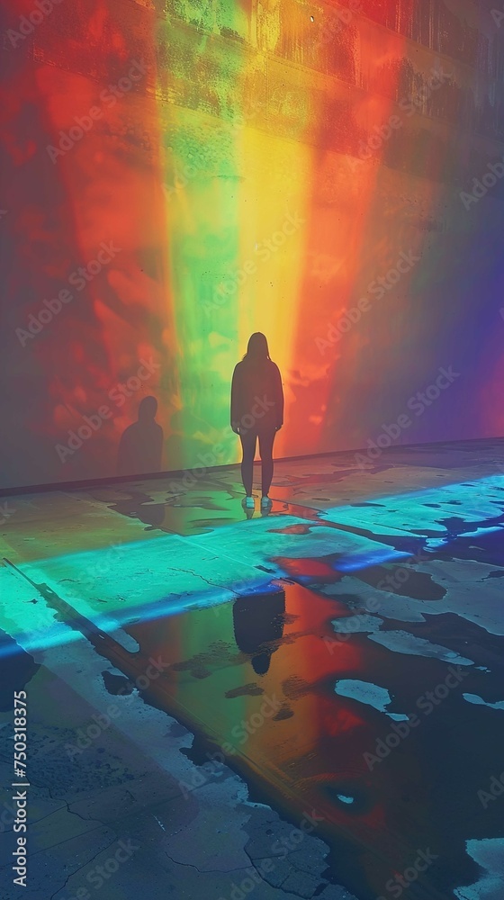 The image shows a person standing in a room with a vibrant spectrum of ...