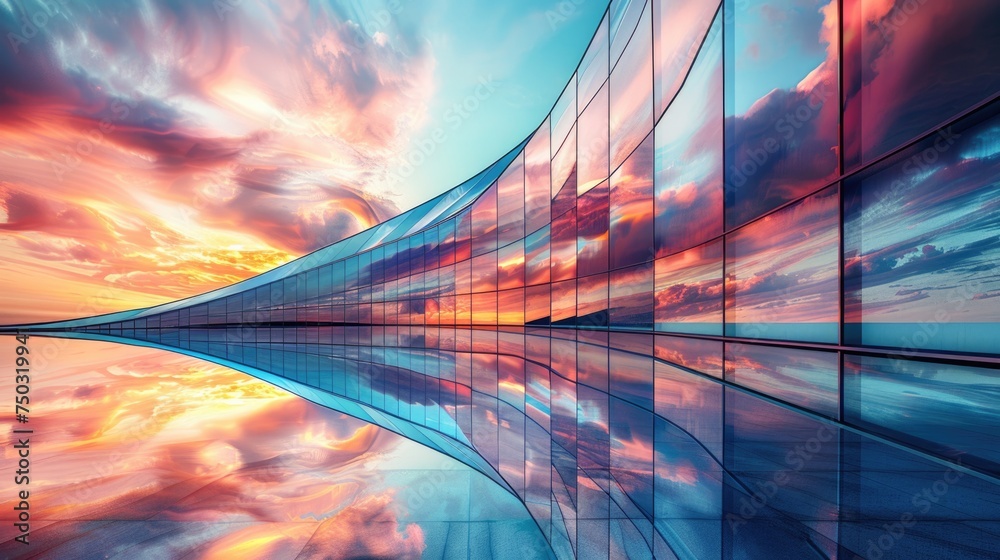 A breathtaking curved glass building mirrors the fiery sunset sky ...