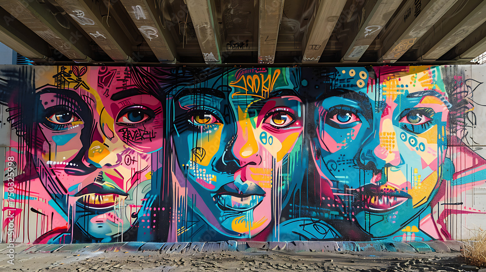 A mesmerizing mural of a woman's face, created with vibrant acrylic ...