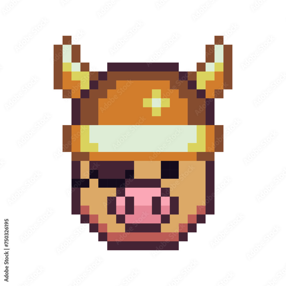 One-eyed pig with pink piglet and helmet with horns on head, smile ...