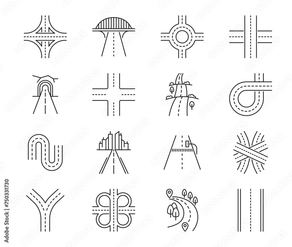 Highway road line icons. Street, traffic, crossroad and tunnel route ...