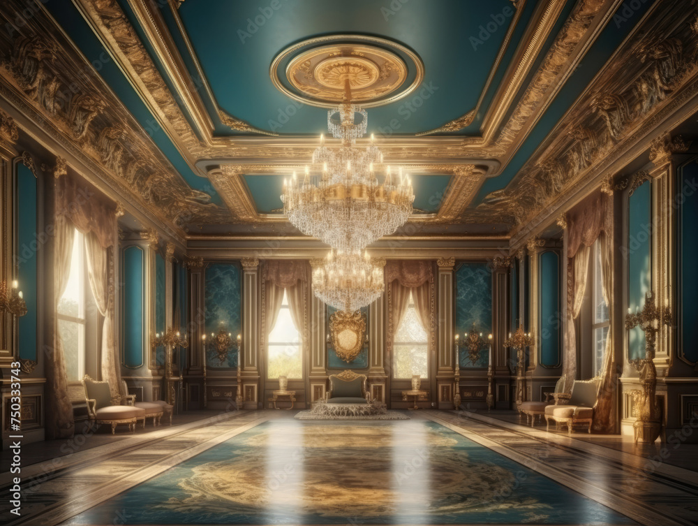 Luxury Palace Interior background. Blue Green and Gold Marble Royal ...