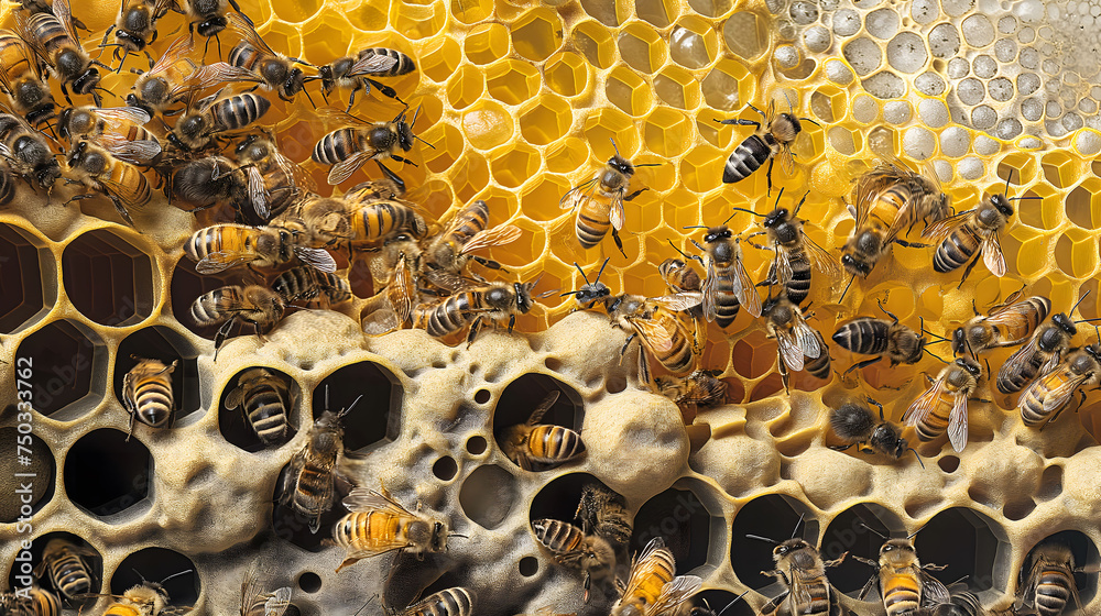 Cross-sectional illustration of Honeycomb, Bees, and Nectar. The ...