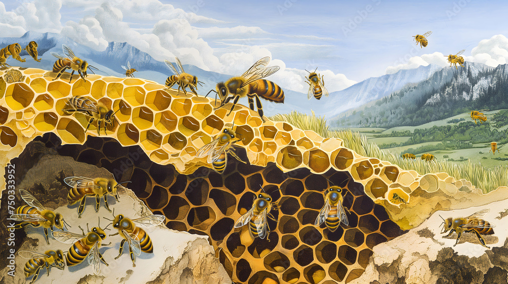 Cross-sectional illustration of a beehive. showing the honeycomb ...