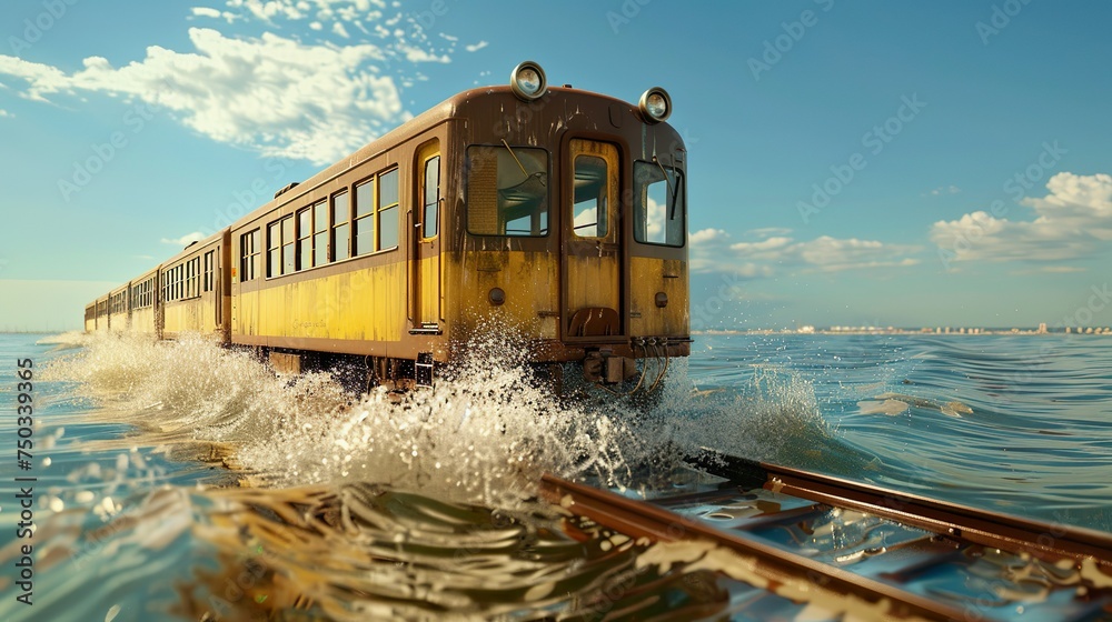 Car train splashing and running on the tracks in the ocean made with Ai ...