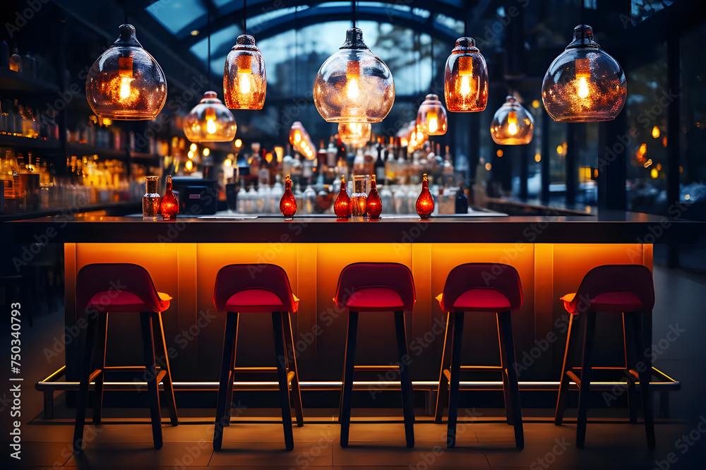 Empty room nighttime bar table. Interior of modern style bar pub. brown ...