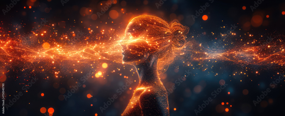 Digital Human Concept with a Female Silhouette Emerging from a Burst of ...