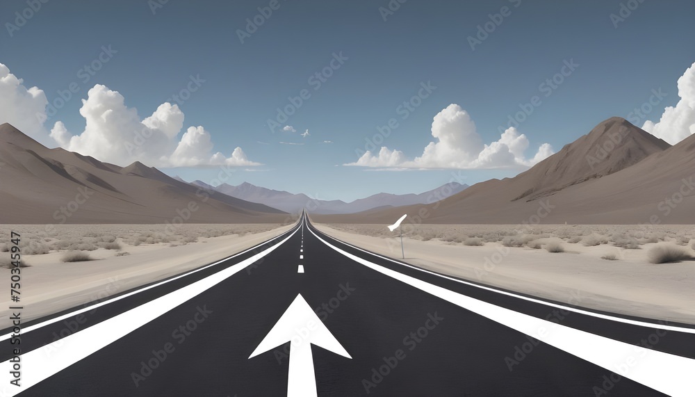An asphalt road stretches into the distance with a painted white arrow ...