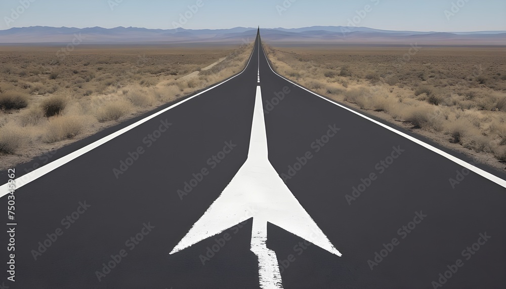 An asphalt road stretches into the distance with a painted white arrow ...
