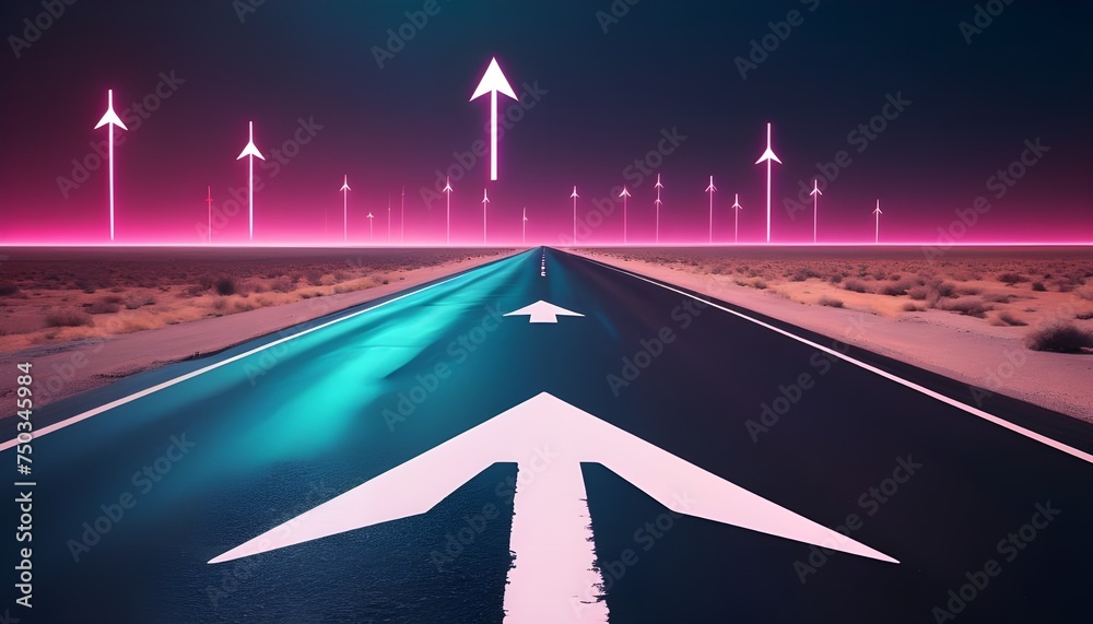 An asphalt road stretches into the distance with a painted white arrow ...