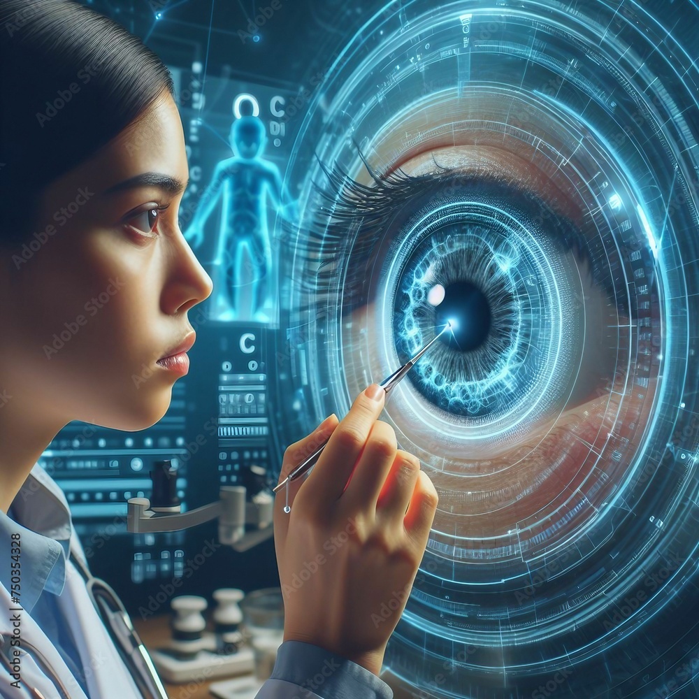Futuristic Ophthalmology: Female scientist examining high-tech ...