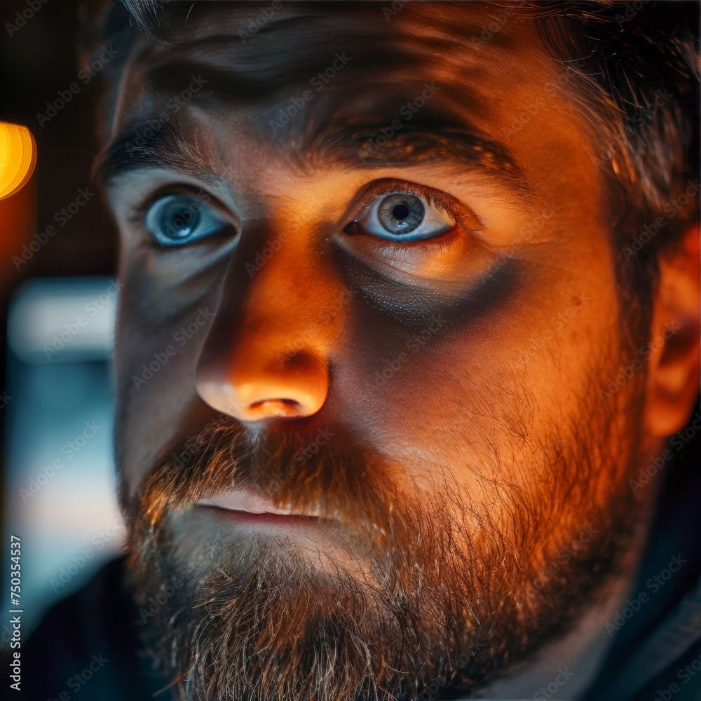 Portrait of a focused man, his vivid eyes reflecting the light of a ...
