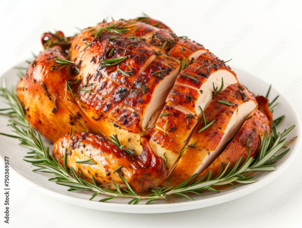 Garnished roasted turkey on a bed of collard greens with smoked turkey ...
