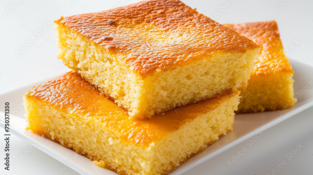 Sliced cornbread with a golden crust on a plate, top view isolated on ...
