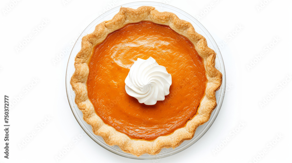 Whole sweet potato pie with whipped cream on top, top view isolated on ...