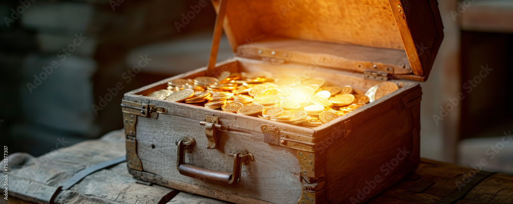 An open treasure chest reveals its gleaming contents, shimmering with ...