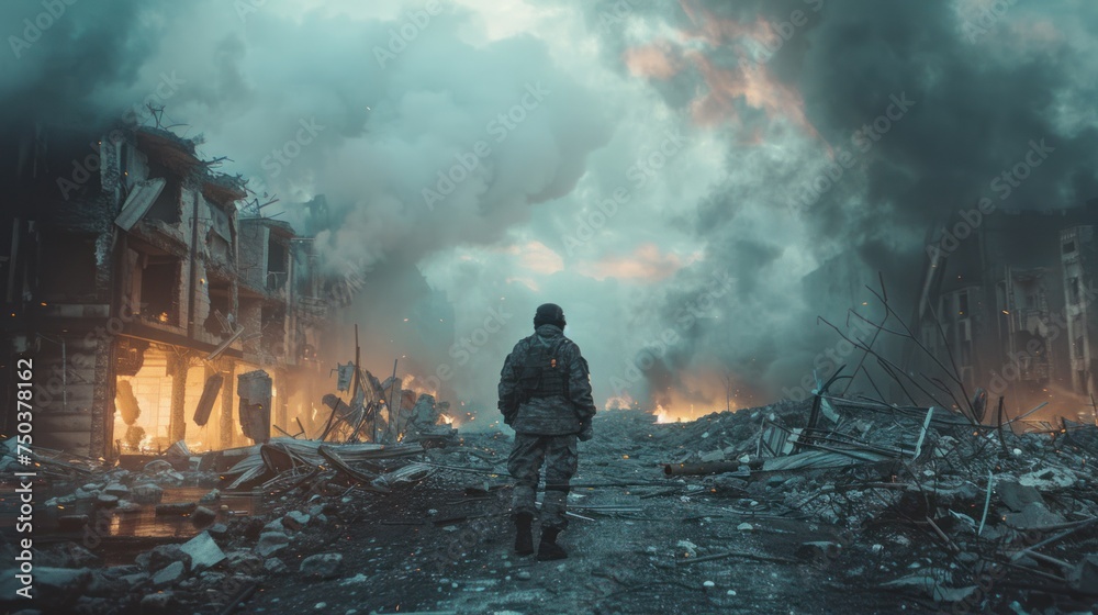 Women in sci-fi amour standing in an apocalyptic scene with debris ...
