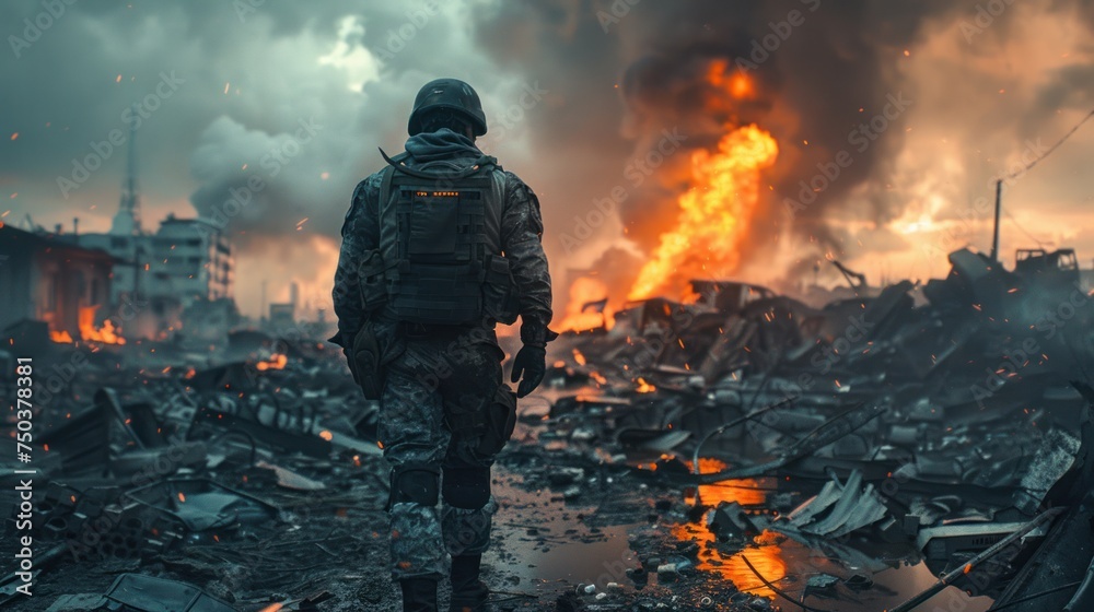 Women in sci-fi amour standing in an apocalyptic scene with debris ...