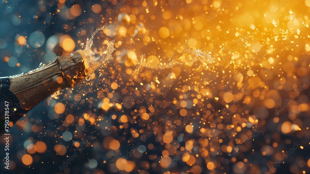 Sektflasche spritzt mit Explosion im goldenen Lichterbokeh im ...