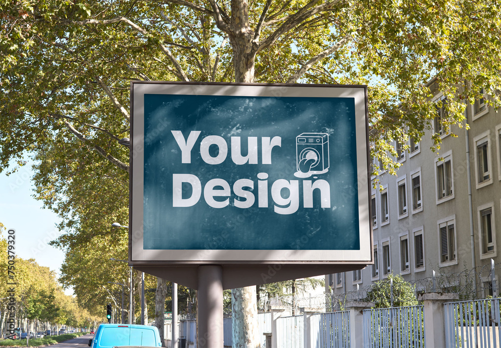 Mockup of horizontal customizable sign in leafy city Stock Template ...