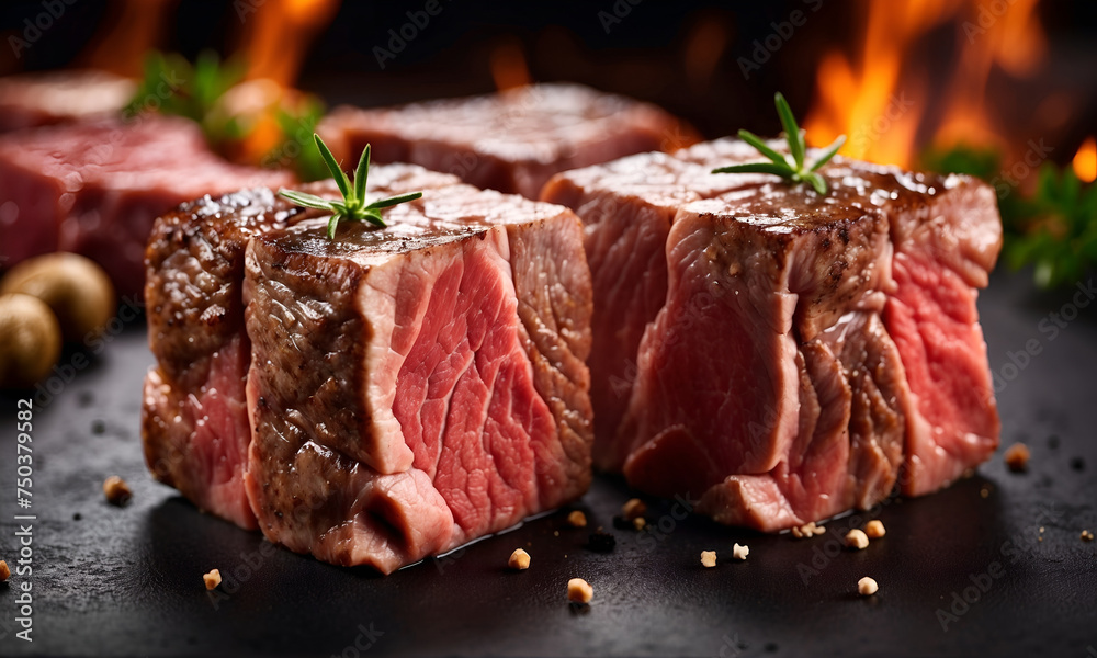 Cube steak on dark background. Torching grilled beef steak which is a ...