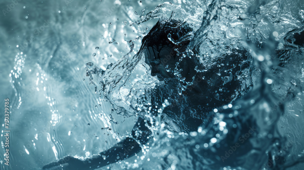 A washed-out illustration of a body splashing in water, with silver and ...
