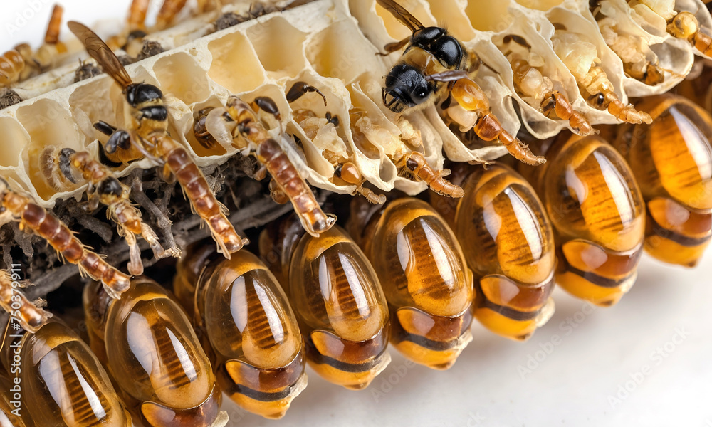 Pupa Honey Bee in bee hive. bee honeycombs with larvae in a hive. bee ...