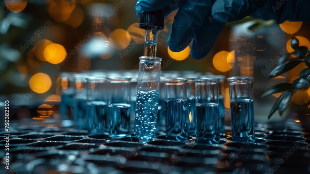 Scientist analyzing and dropping a sample into a glassware, laboratory ...