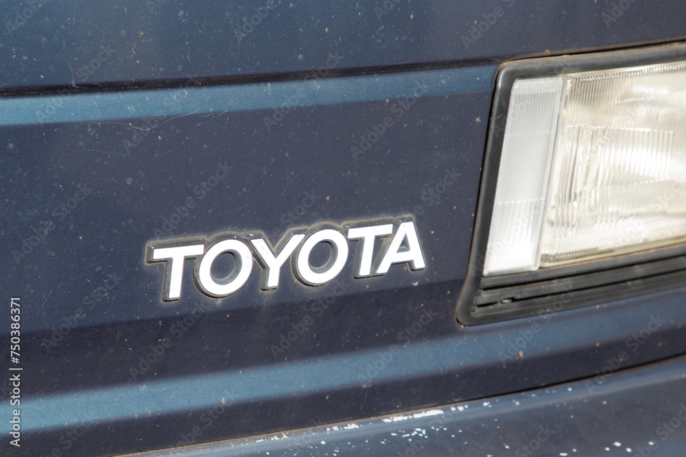 Toyota hiace old logo text and brand sign of car on mini bus van Stock ...