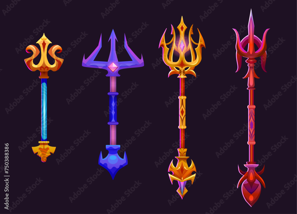 Magic tridents set isolated on black background. Vector cartoon ...