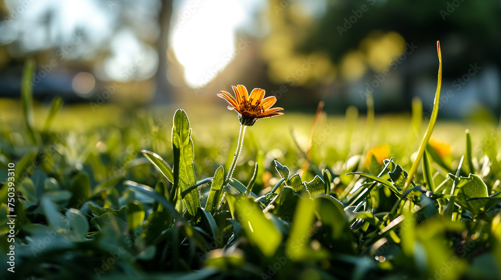 A close-up perspective of a single bloom amidst the vastness of a house ...
