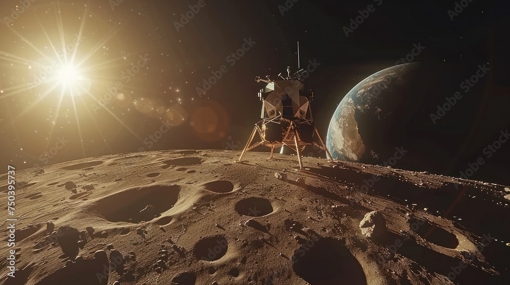 Space shutter on the moon on the surface of the planet, moon with ...