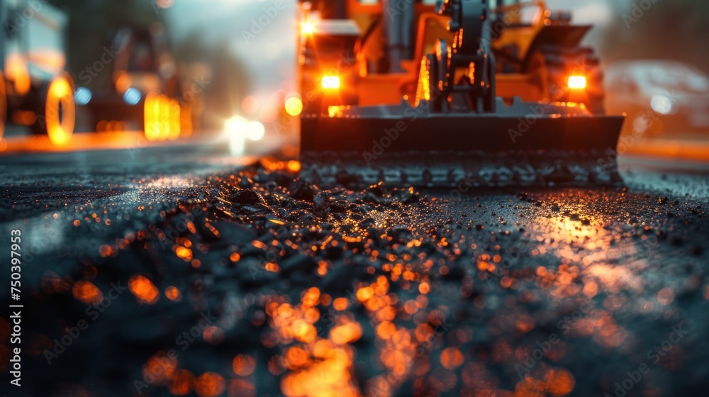 Teamwork of road construction workers Asphalt laying work at road ...