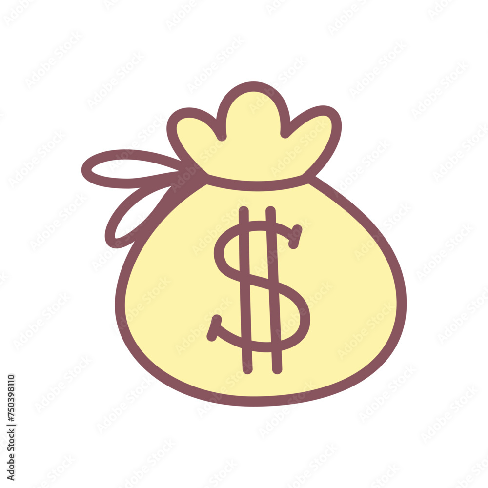 Cute money bag icon. Hand drawn illustration of a sack with dollar sign ...