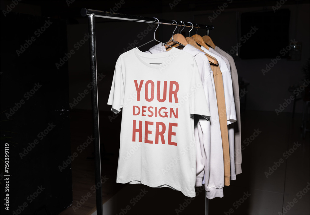 Mockup of customizable clothes on rail, camera flash Stock Template ...
