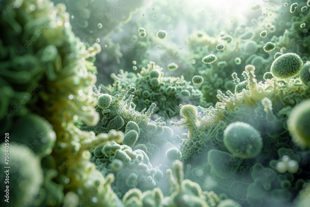 Microscopic landscape of vibrant bacteria colonies in a concept art ...