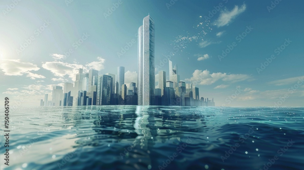 Incredible crystal skyscraper rising above the water's surface ...