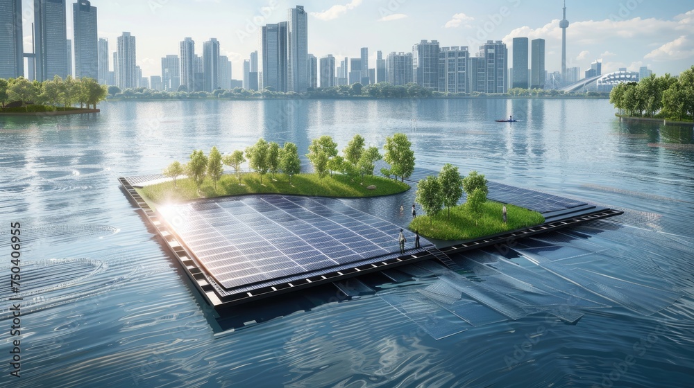Solar Eco-Island City View. A sustainable solar-panel island floats ...
