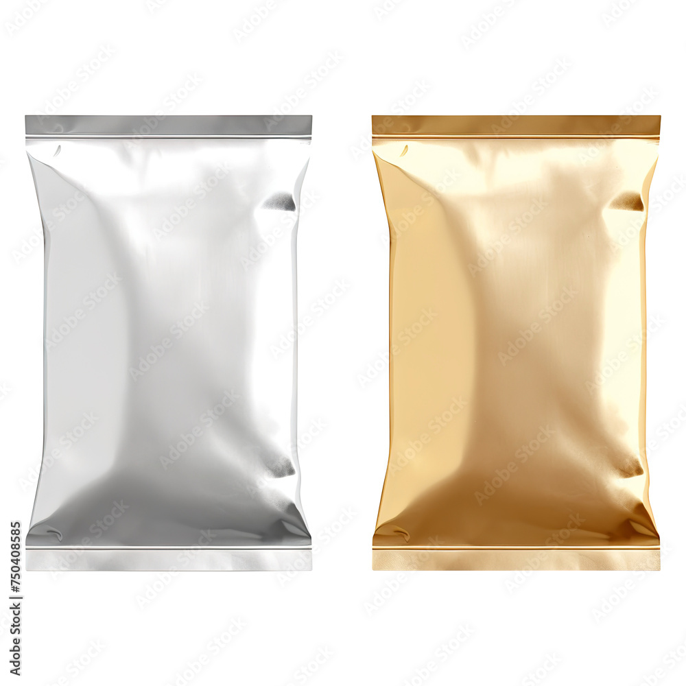 Blank gold and silver metal sachet packet isolated on transparent ...