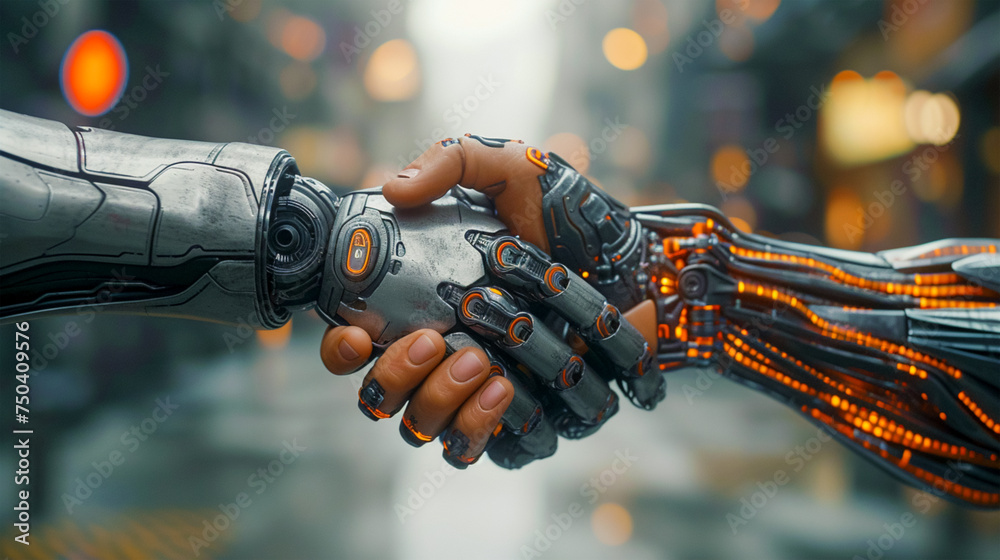 The hand of the cyborg and the robot shake each other as a greeting. The concept of friendship ...