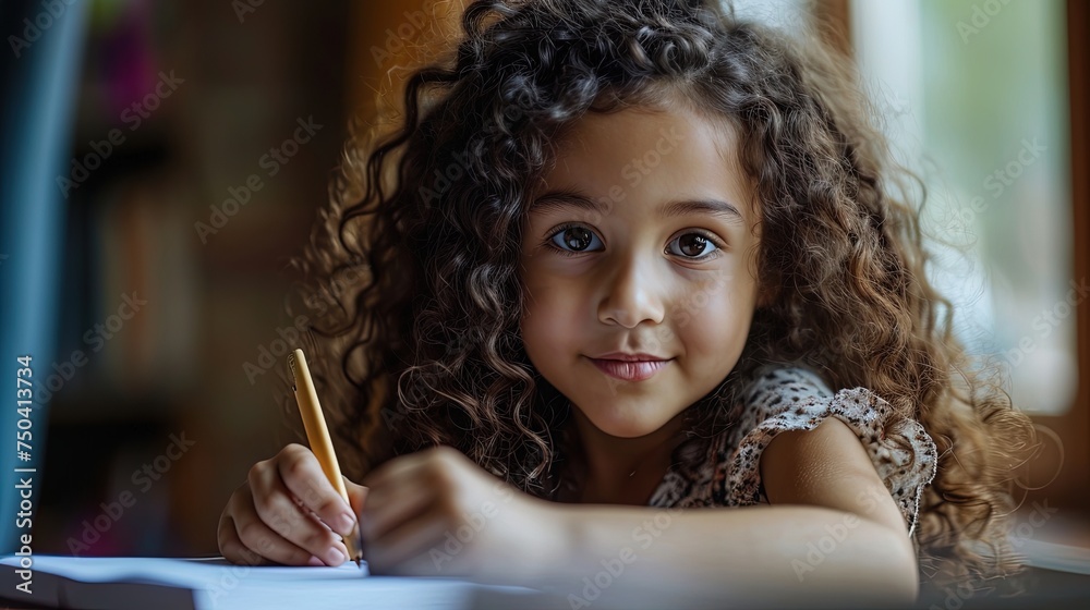 Cute little curly haired dark skinned girl, child, joyfully writing or ...